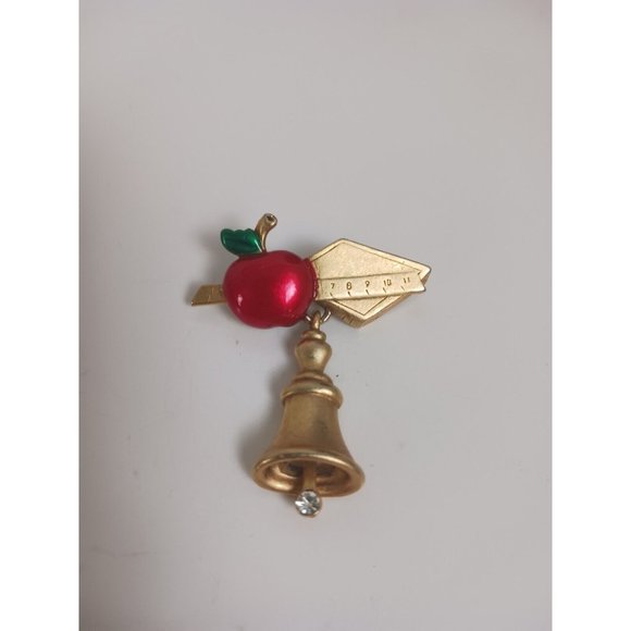 Ajc | Jewelry | Ajc Signed Gold Tone School Teacher Apple Ruler Bell ...